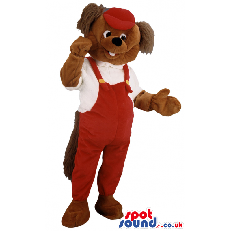 Buy Mascots Costumes in UK - Brown Dog Animal Mascot With Red Overalls ...